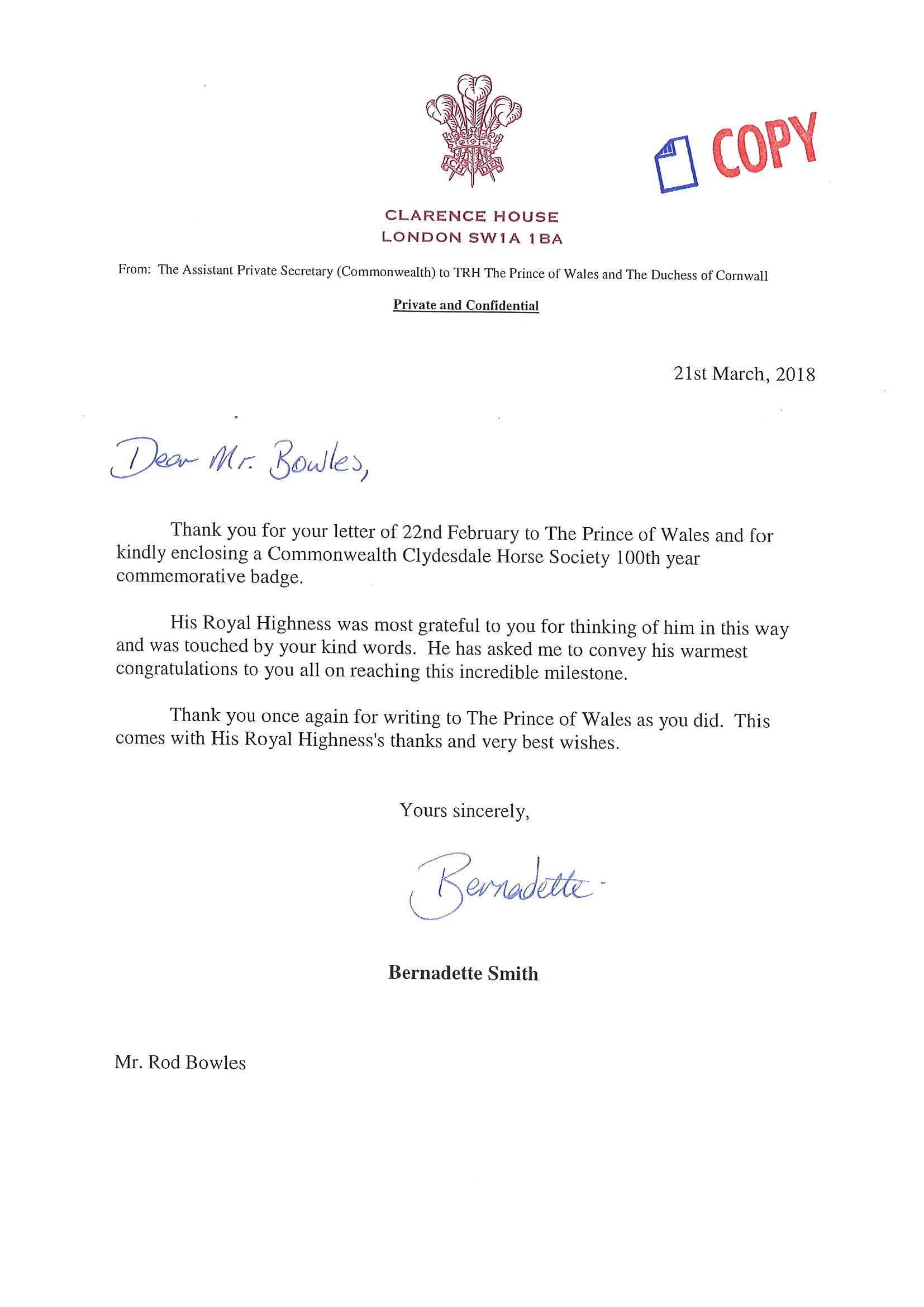 The Prince of Wales congratulates the CCHS on reaching an incredible ...